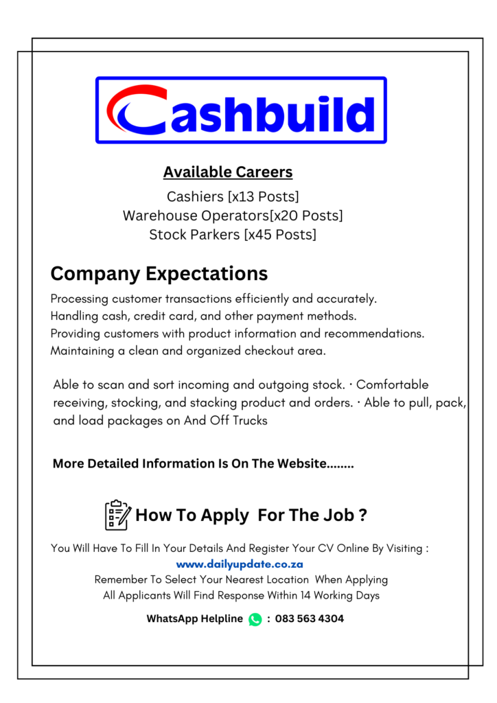 Cashbuild is hiring Must Apply Here - daily update